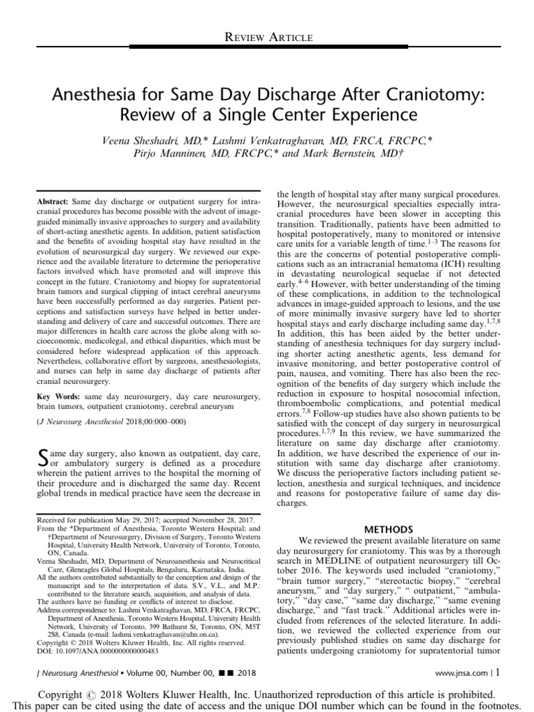 Anesthesia for Same Day Discharge After Craniotomy | PDF