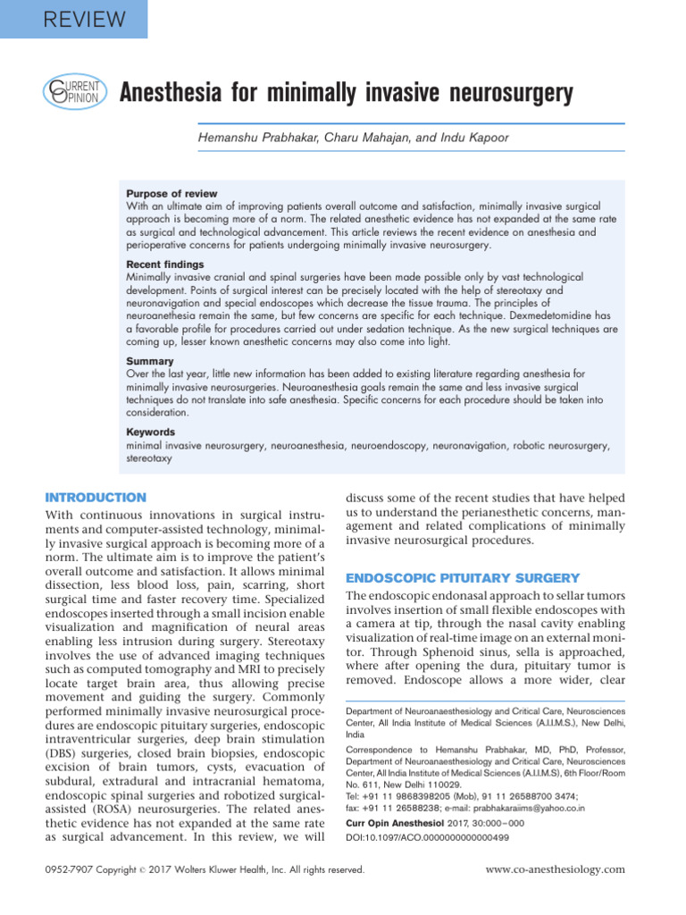 Anesthesia For Minimally Invasive Neurosurgery | PDF | Surgery | Wellness
