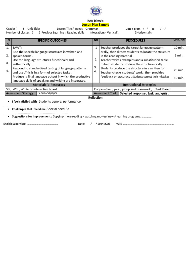 Daily Plan Form (Grammmar ) | PDF