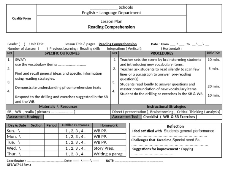 DAILY PLAN FORM For Reading Comprehension | PDF