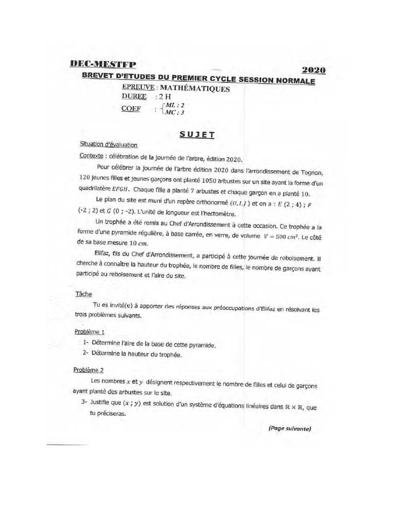 BEPC 2020 Epreuve de Mathematiques Promouvoircompetences | PDF BEPC 2020 Epreuve de Mathematiques Promouvoircompetences | PDF
