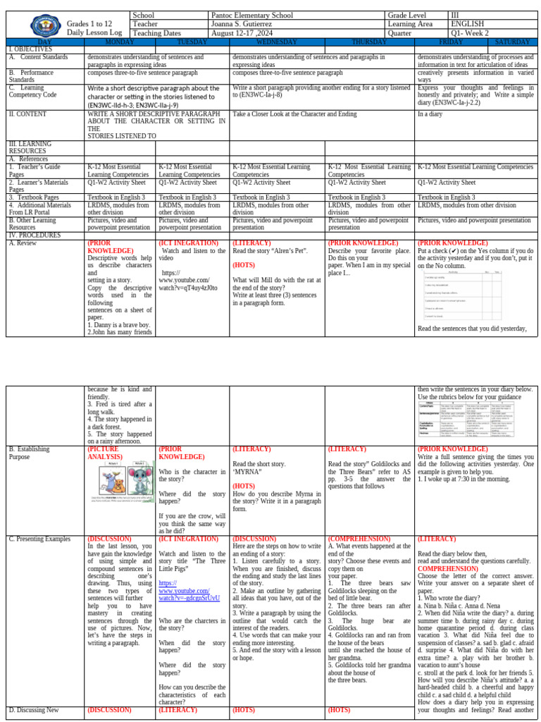 DLL Quarter 1 Week 2 English | PDF | Learning | Mouse
