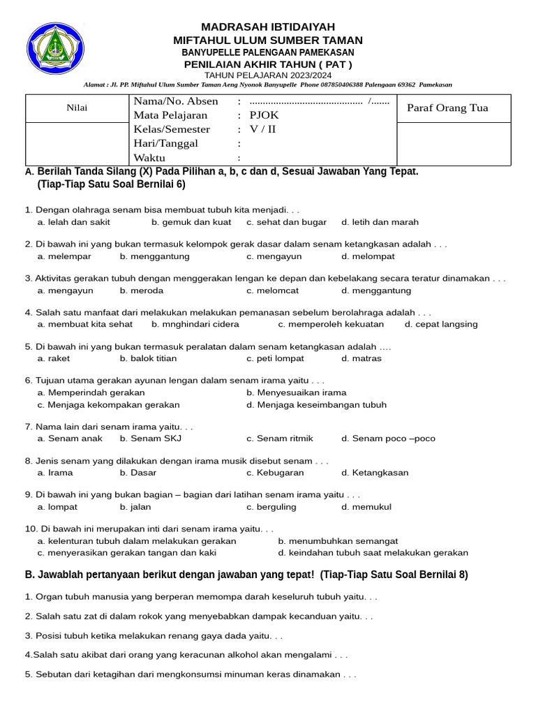 Soal PAT PJOK KLS V | PDF