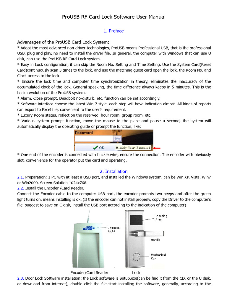 Hotel Locking System - ProUSB RF Card Lock Software User Manual | PDF