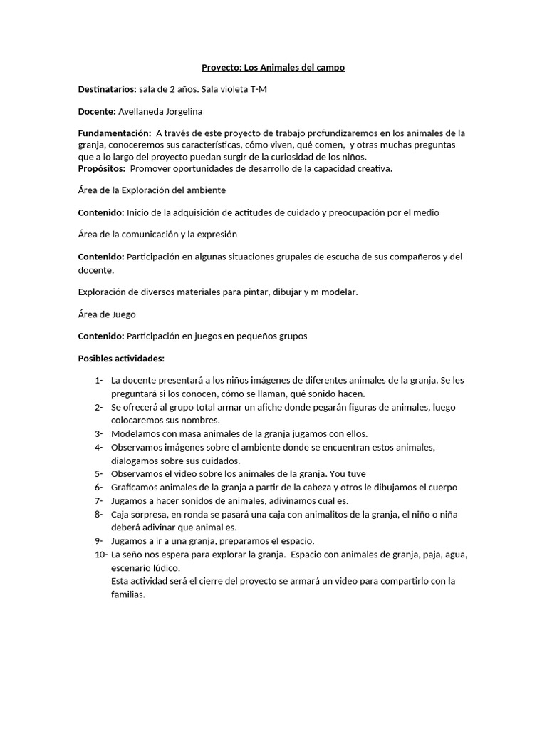 Proyecto Animales de la Granja 2 años | PDF | Salud y bienestar