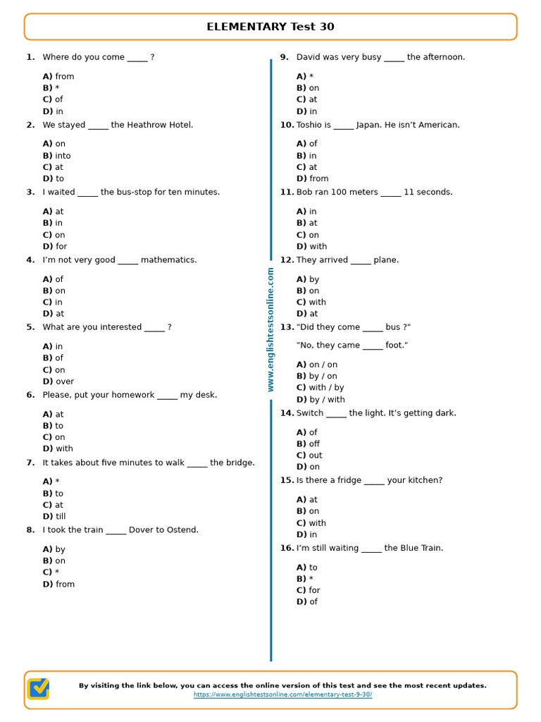 1167 Elementary Test 30 | PDF