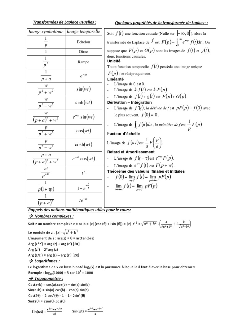 Tableau Laplace+TD | PDF | Transformation de Laplace | Équations ...