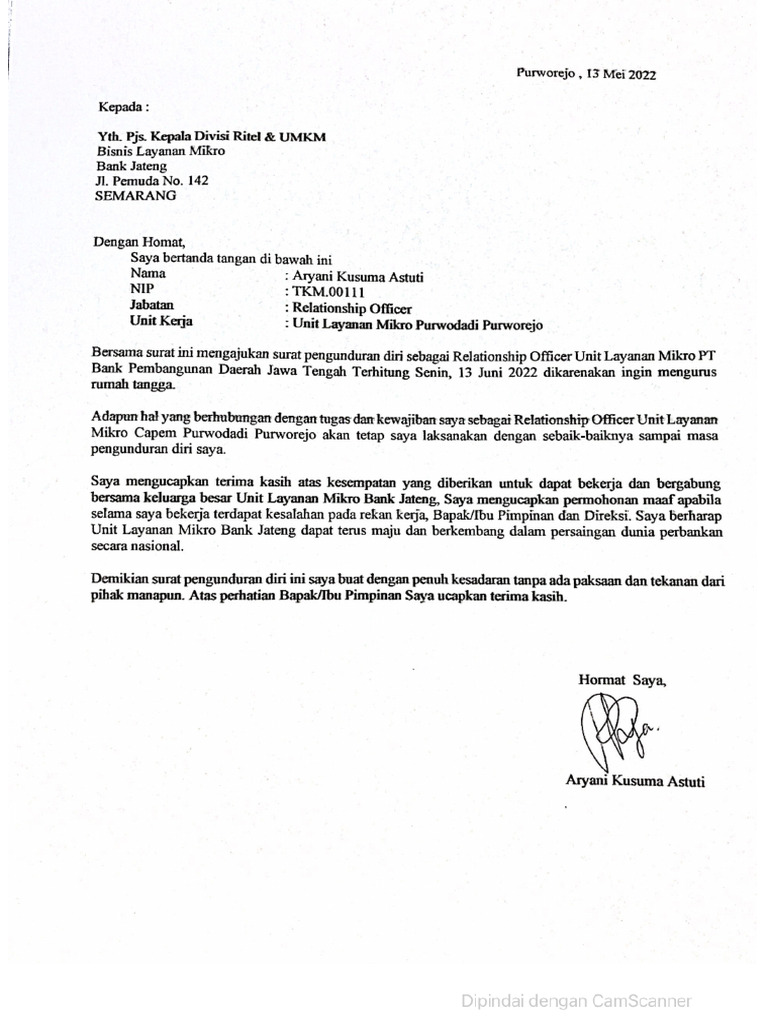 Pengajuan Resign Aryani Kusuma Astuti | PDF