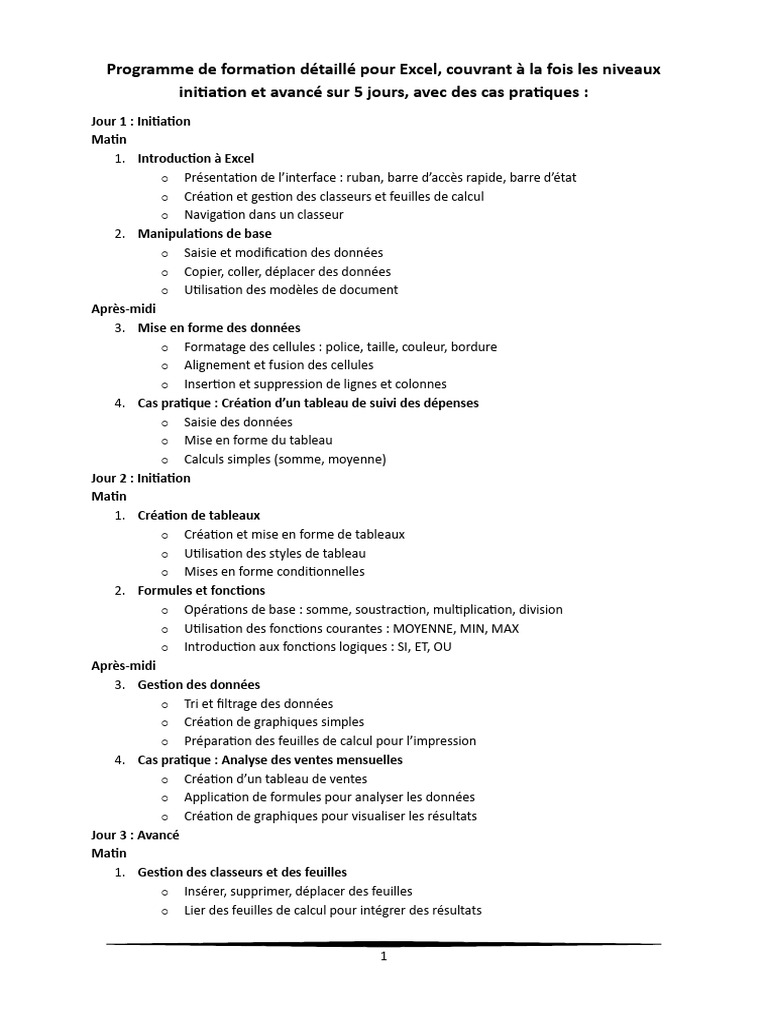 Programme de Formation Détaillé Pour Excel Initiation Et Avancé | PDF