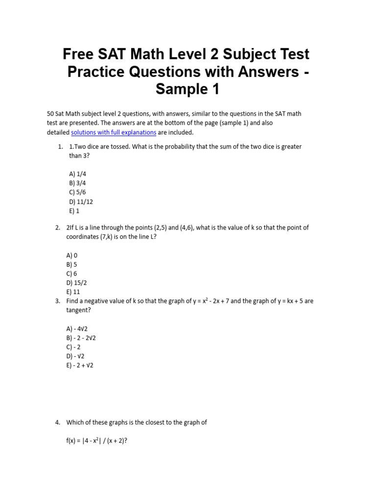SAT Math Level 2 Practice Questions | PDF | Line (Geometry) | Teaching ...