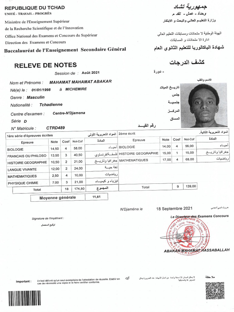 Scan Releve de Note Bac MHT Abakar | PDF