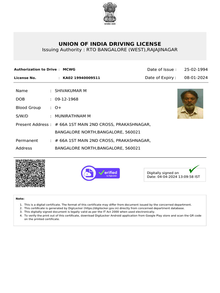 Union of India Driving License: Issuing Authority: RTO BANGALORE (WEST ...