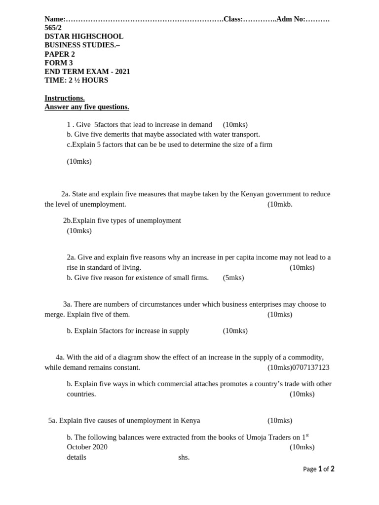 F3 BUSINESS STUDIES PP2 QN Teacher - Co - .Ke End Term 2 | PDF | Banks | Private Sector