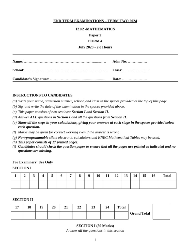 Form 4 Mathematics Term 2 Exam 2024 | PDF | Circle | Area