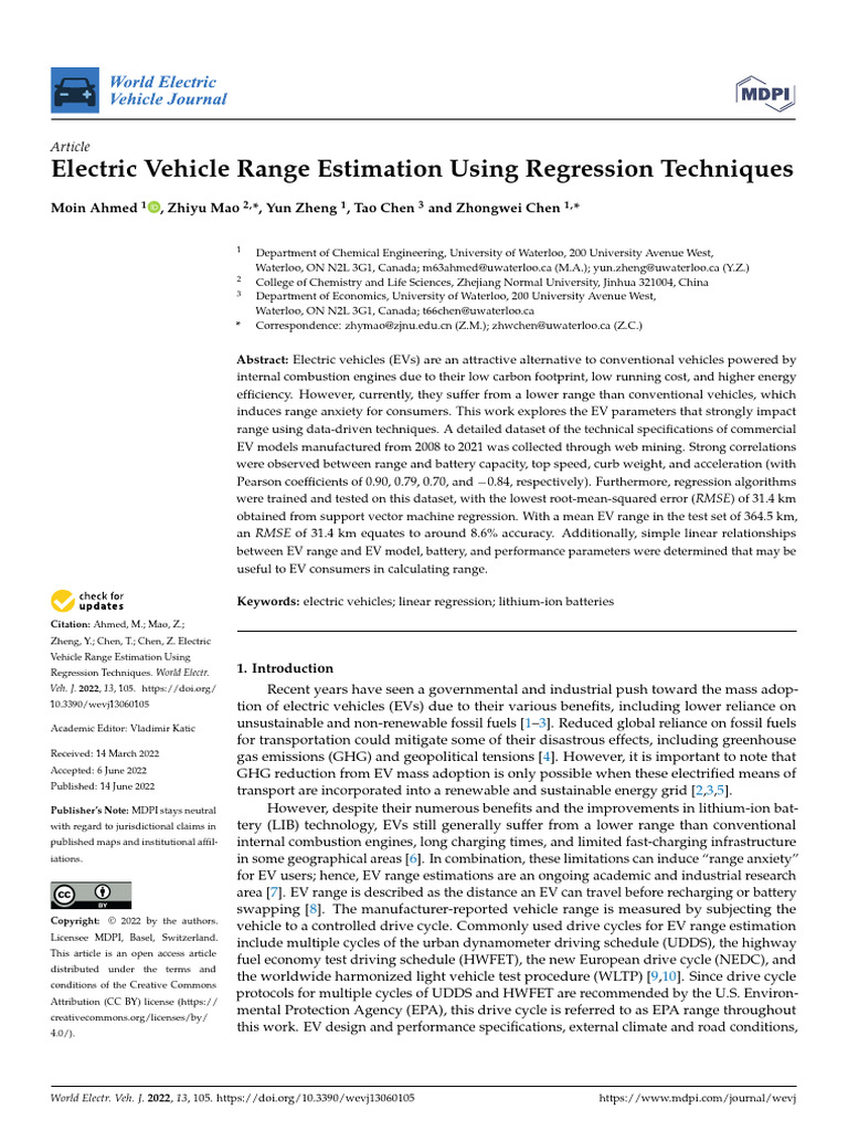 Electric Vehicle Range Estimation Using Regression Techniques | PDF