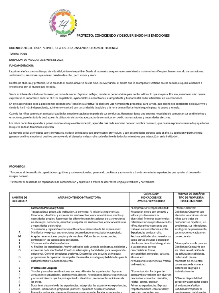 Proyecto Emociones - Docx Versión 1-1 | PDF | Las emociones | Crecimiento personal y profesional