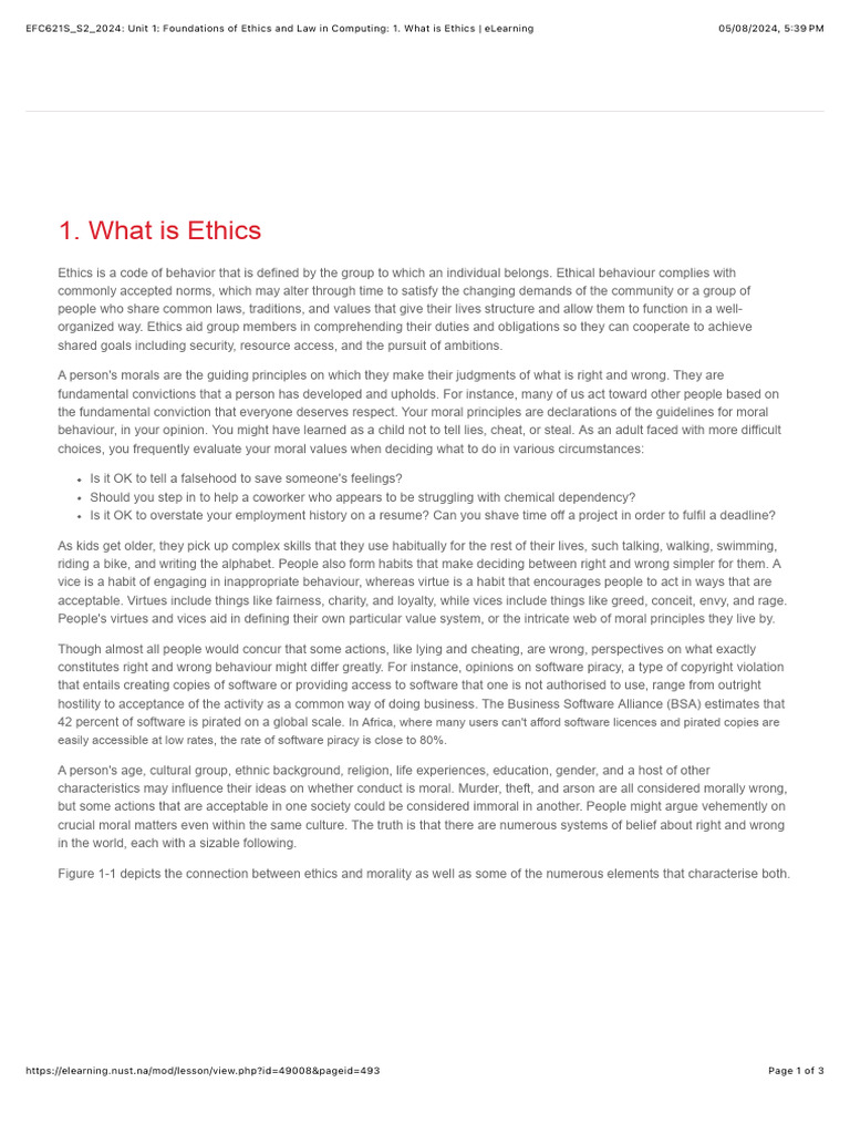 EFC621S - S2 - 2024: Unit 1: Foundations of Ethics and Law in Computing: 1. What Is Ethics ...
