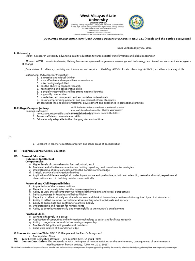 NSCI 111: People and Ecosystem Impact | PDF | Learning | Educational ...