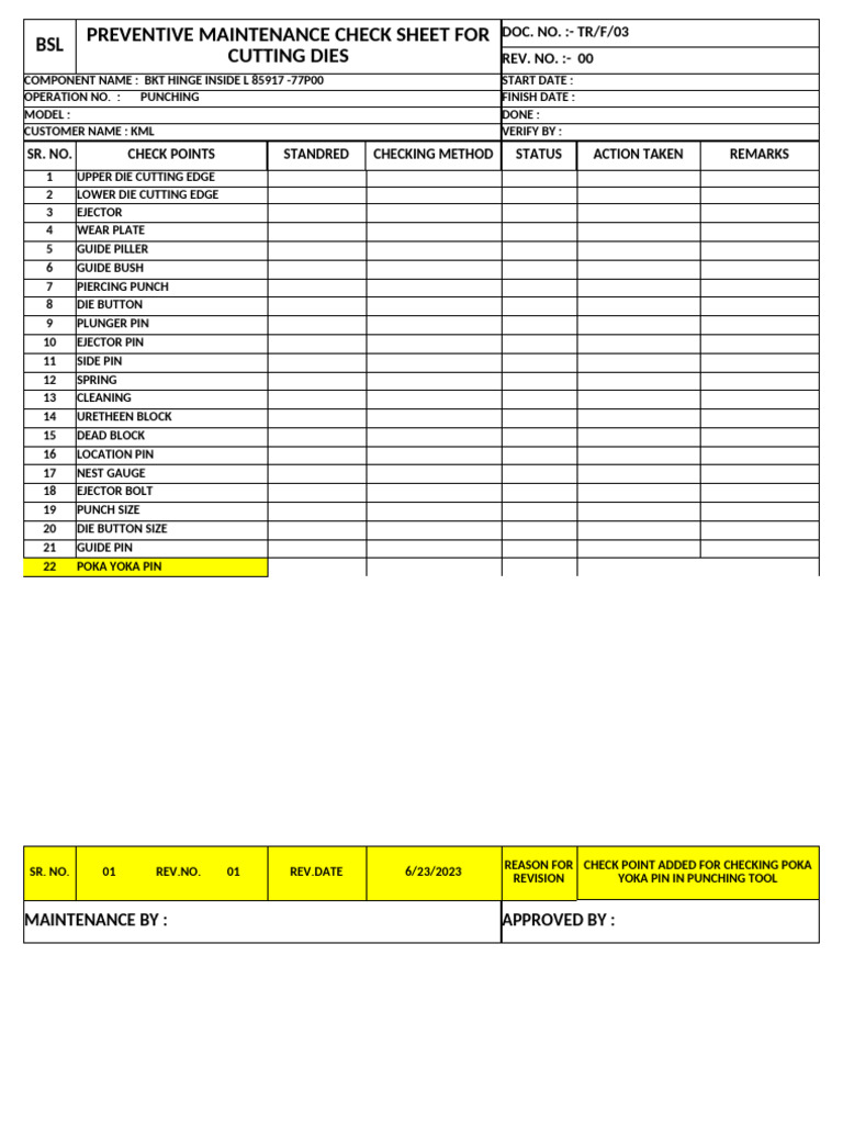 PM CHECK SHEET 85917 | PDF