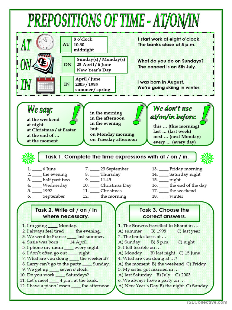 Prepositions of Time at in On | PDF