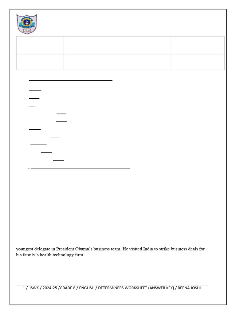 6475613-Worksheet 4 - Answerkey Determiners - Beena (2024 - 25) | PDF
