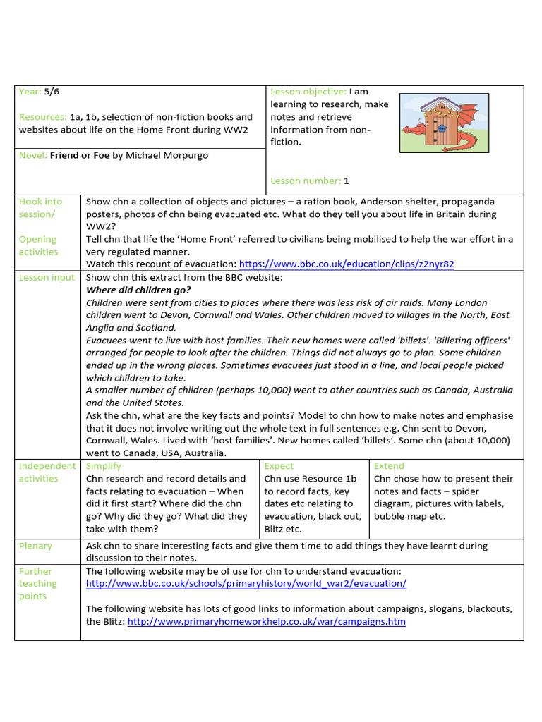 Friend or Foe by Michael Morpurgo 9-11 - Lesson Planning | PDF