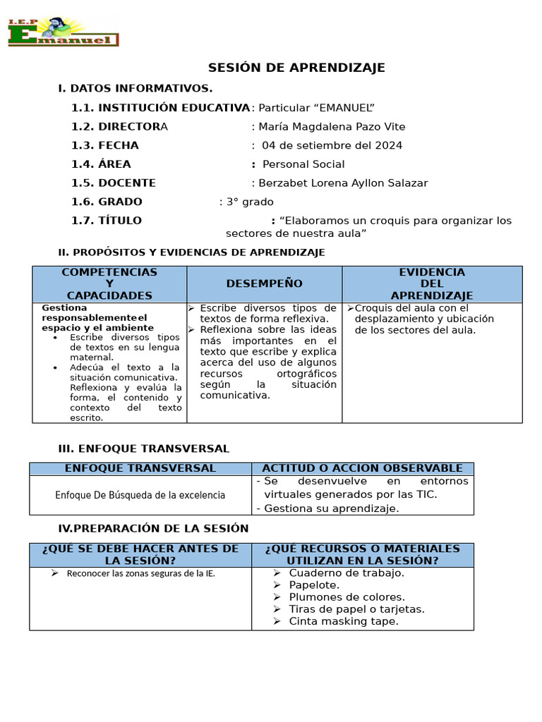 SESIÓN DE APRENDIZAJE - P.Social (croquis de aula) | PDF SESIÓN DE APRENDIZAJE - P.Social (croquis de aula) | PDF