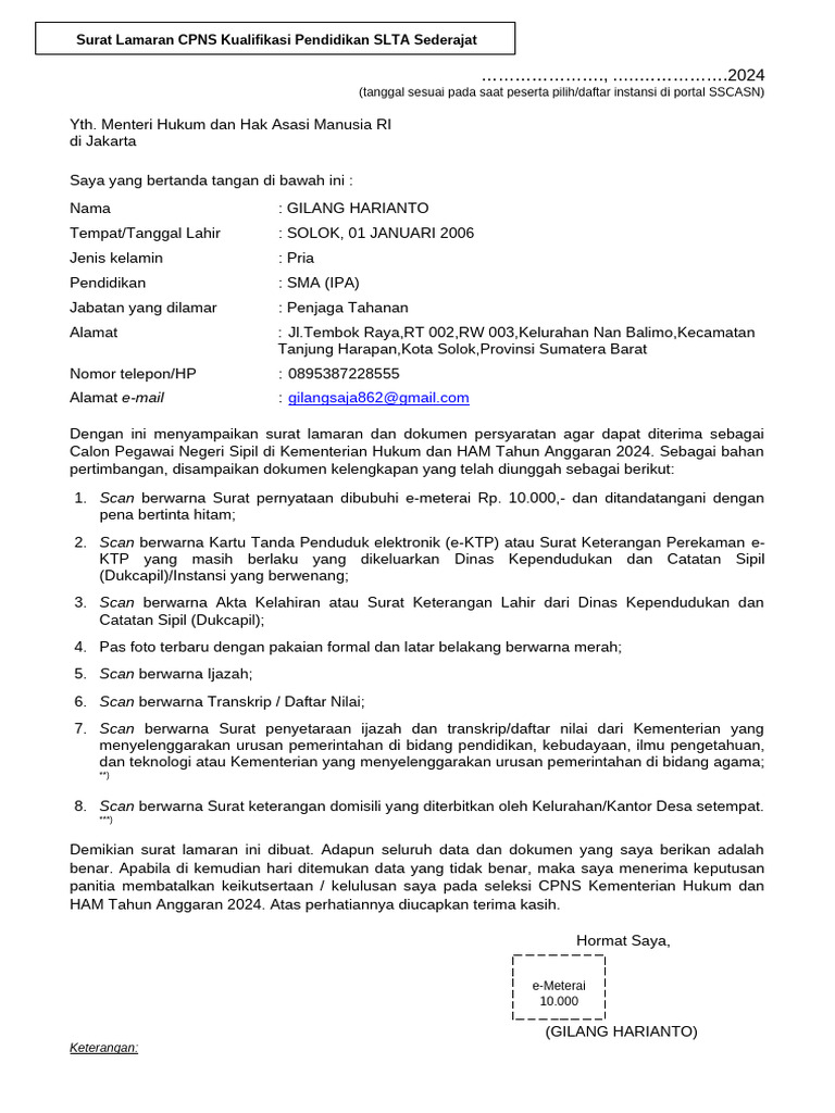 Lamaran CPNS Gilang | PDF