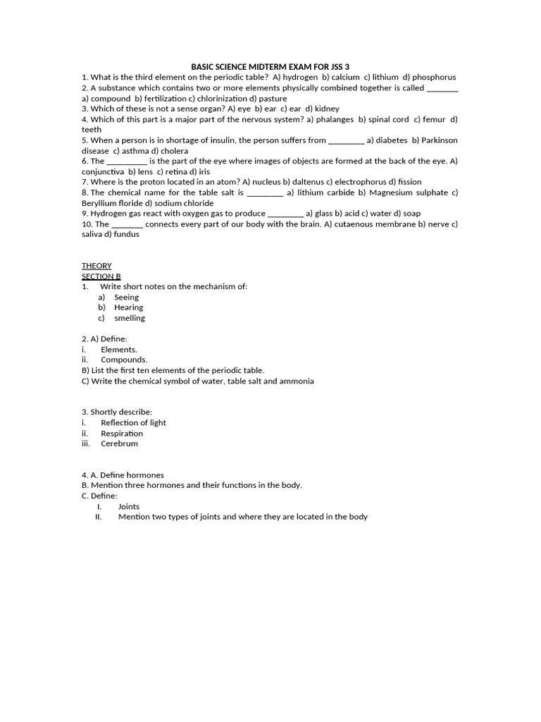 Basic Science First Term Exam For Jss 3 | PDF