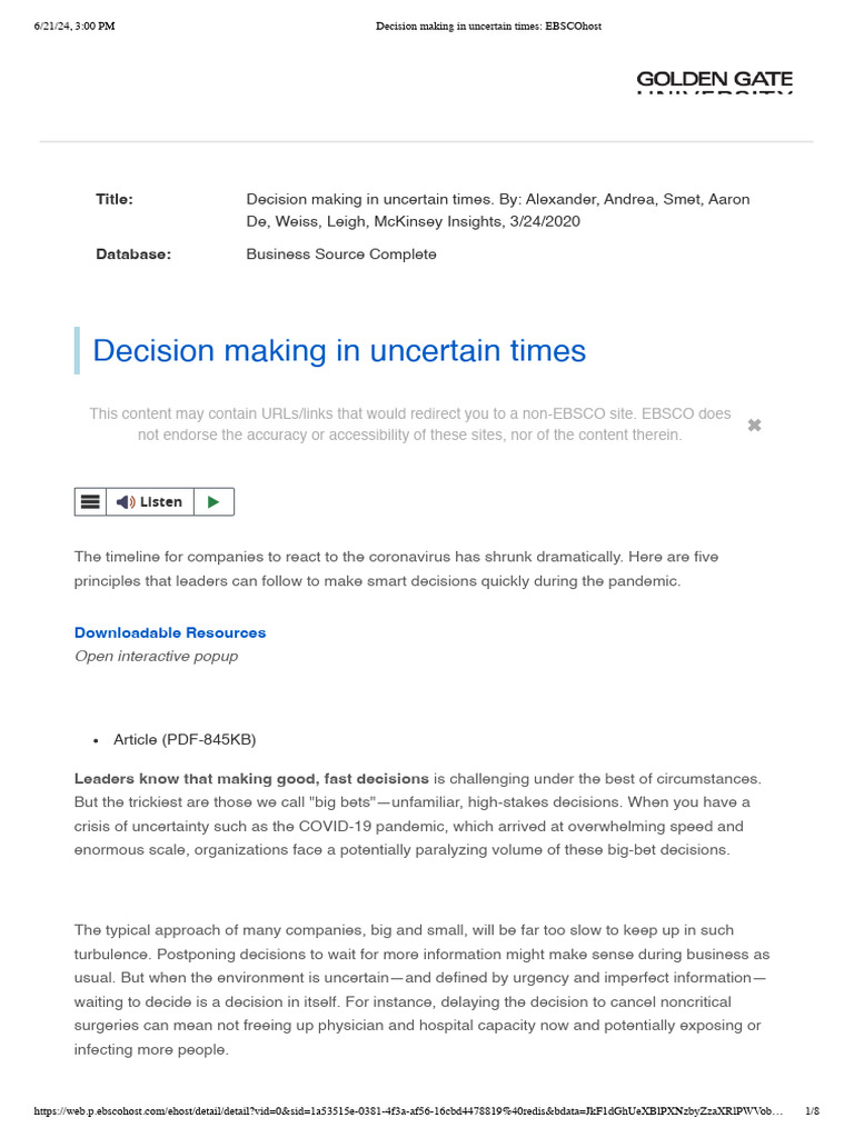 Decision Making in Uncertain Times - EBSCOhost | PDF