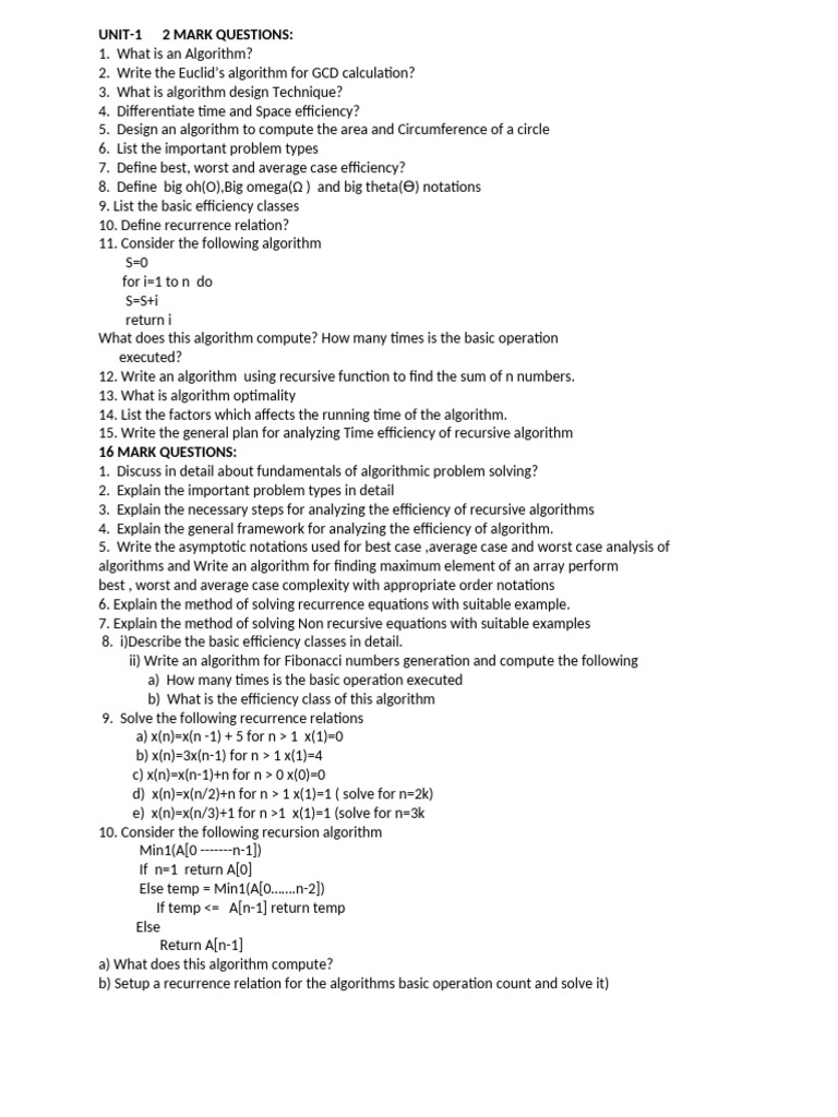 Unit-1 2 Mark Questions | PDF