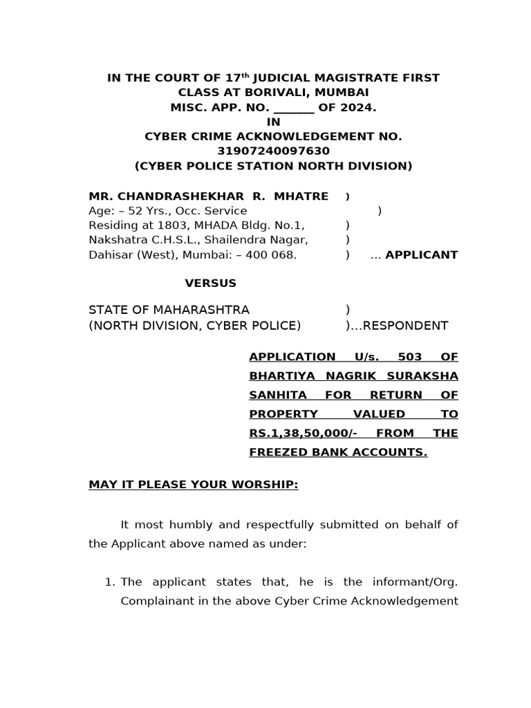 APPLICATION Under Sec 503 of BNSS FOR RETURN OF PROPERTY | PDF | Mobile App