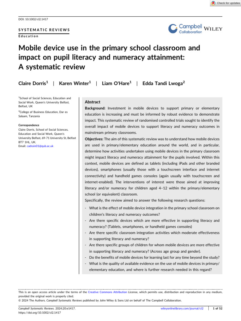 Campbell Systematic Reviews - 2024 - Dorris - Mobile device use in the primary school classroom ...