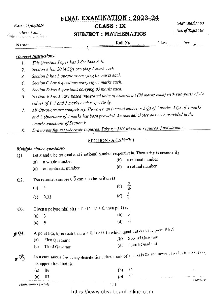 Class 9 Maths Previous Year Paper 2024 | PDF
