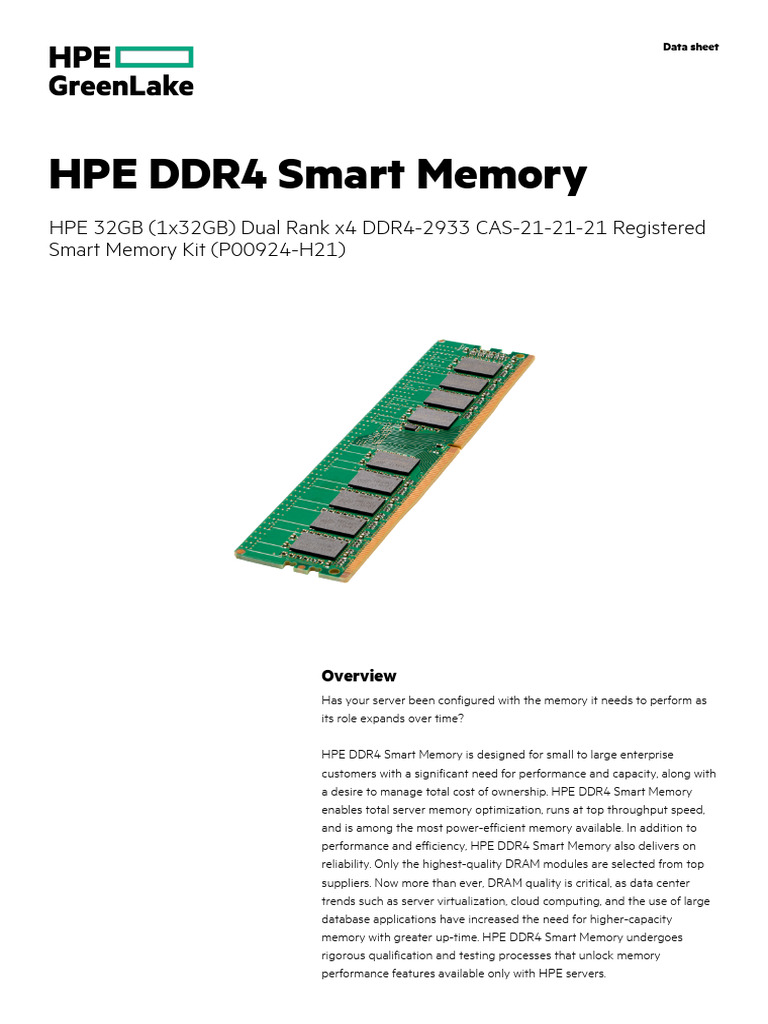 HPE 32GB (1x32GB) Dual Rank x4 DDR4-2933 CAS-21-21-21 Registered Smart ...