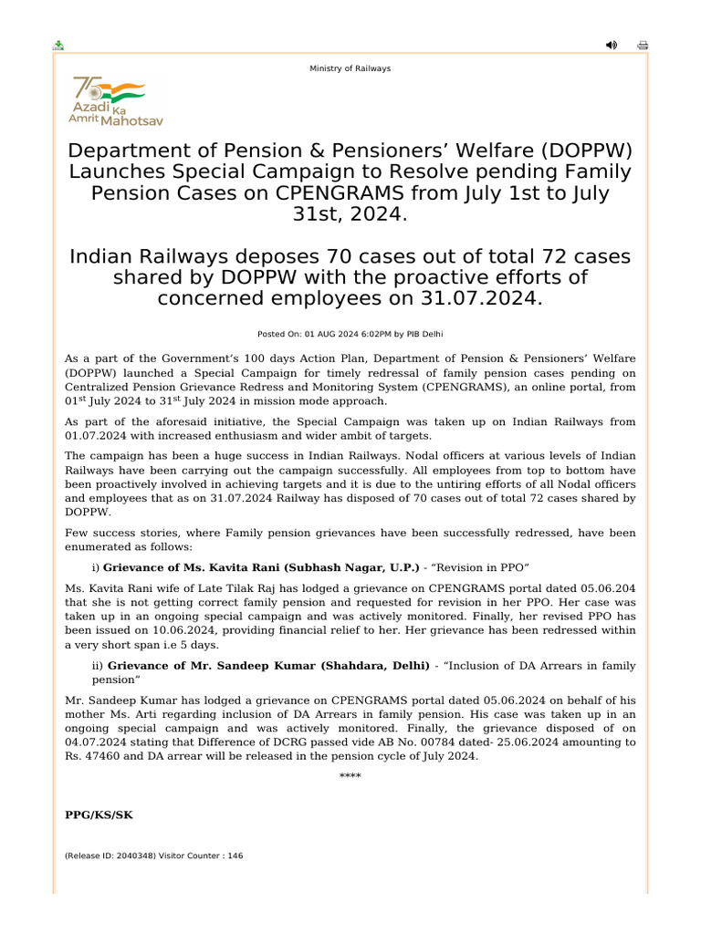 Department of Pension Pensioners Welfare DOPPW Launches Special | PDF