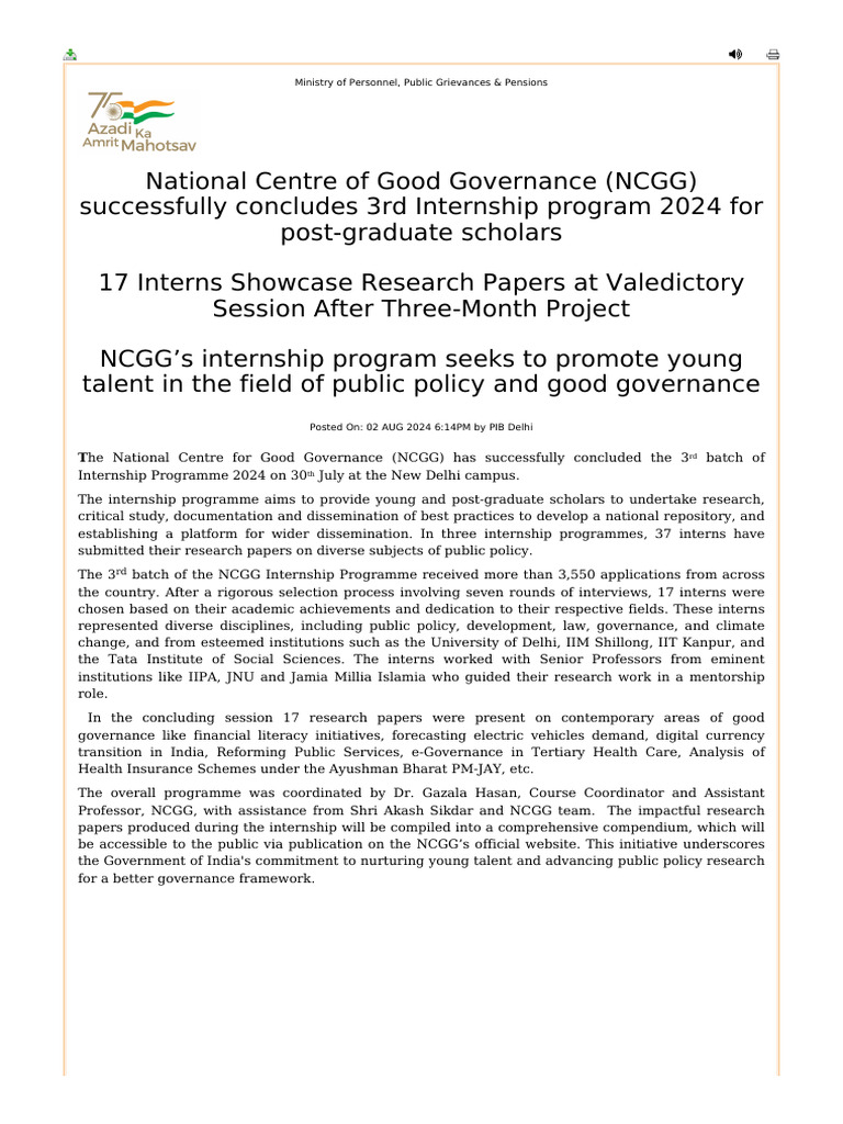 National Centre of Good Governance NCGG Successfully Concludes 3 | PDF