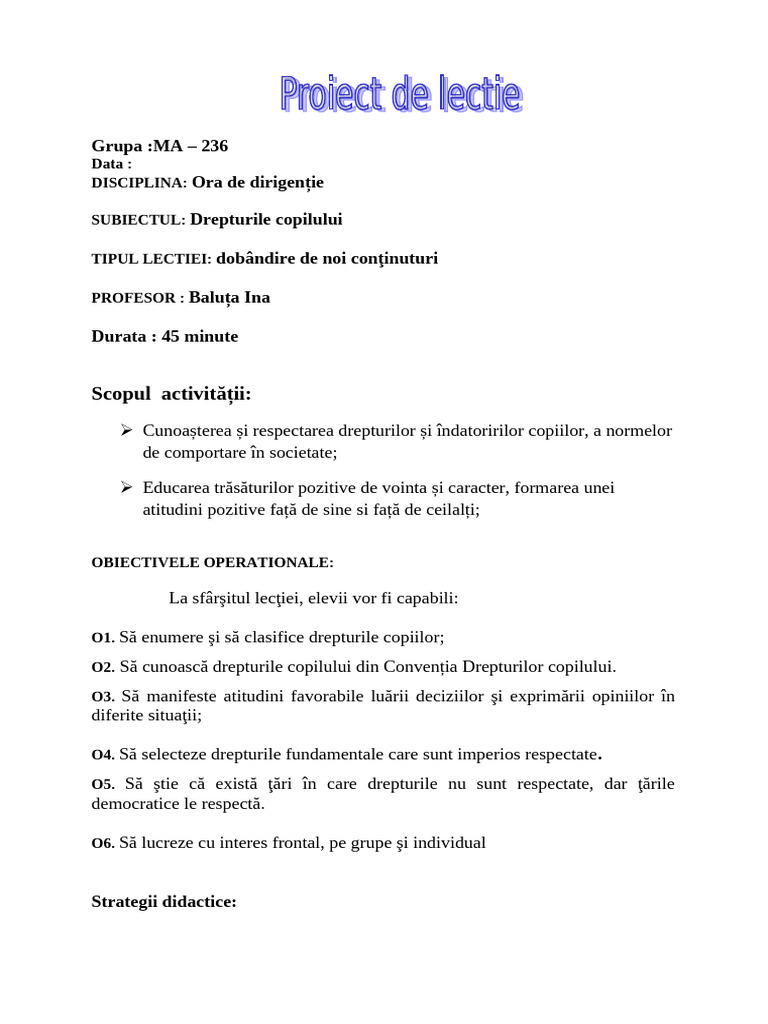 Proiect Drepturile Copilului | PDF