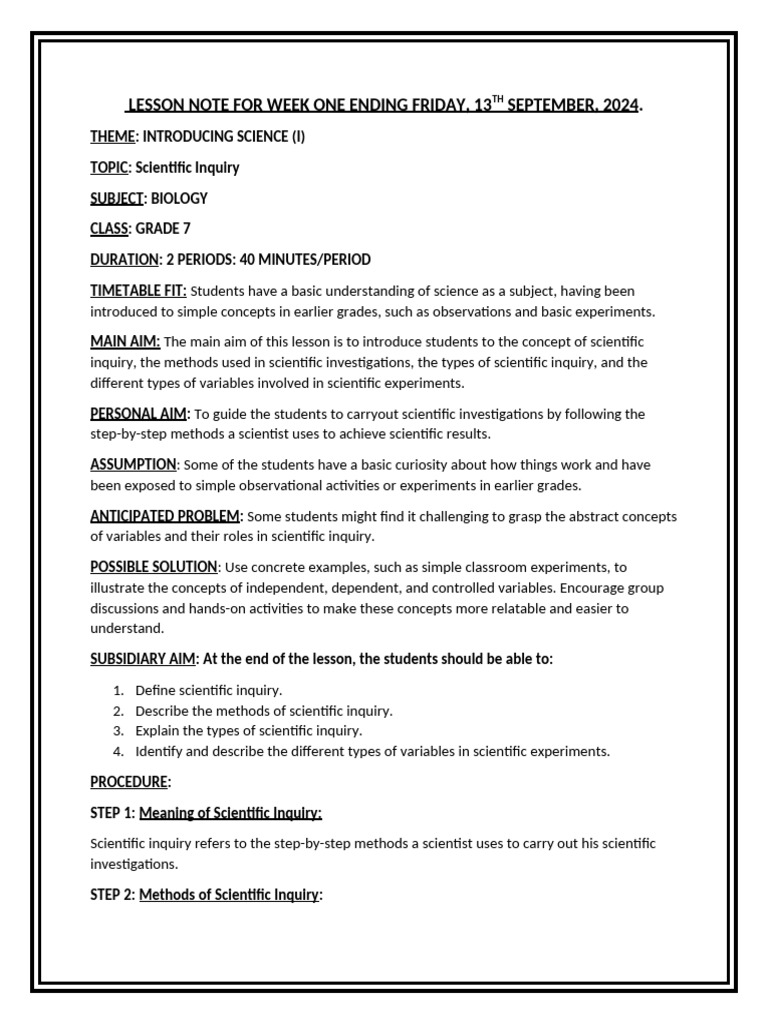 GRD 7 BIOLOGY LESSON NOTE FOR WK 1 | PDF | Experiment | Hypothesis