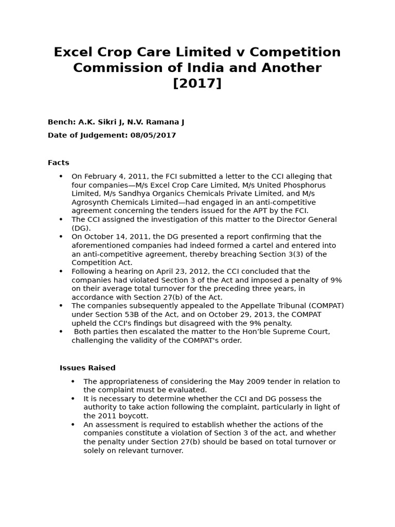 Excel Crop Care Limited V Competition Commission of India and Another ...