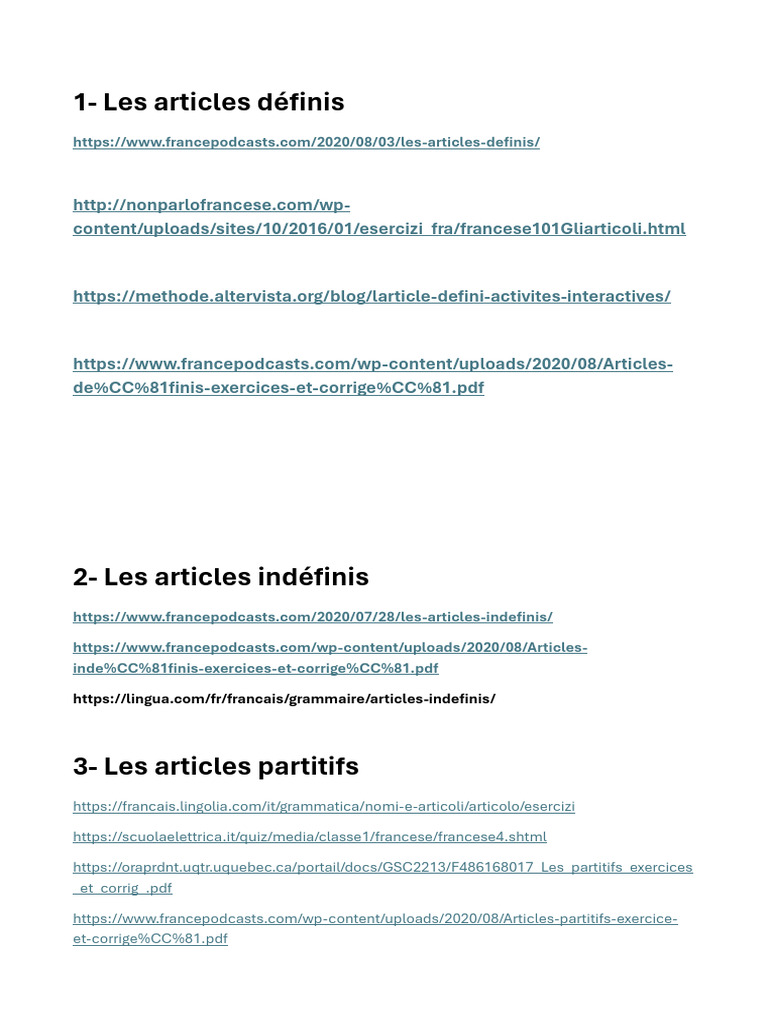 Lezione 1 - Les Articles Définis, Indéfinis, Contractés, Partitifs | PDF