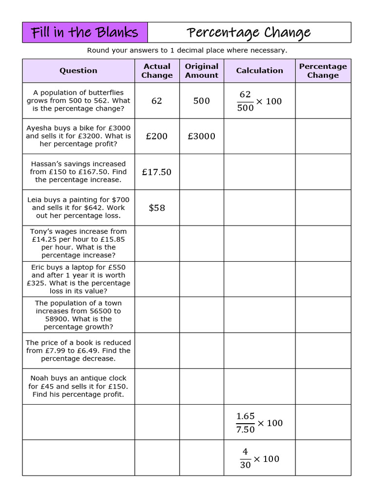 Fill in The Blanks Percentage Change | PDF