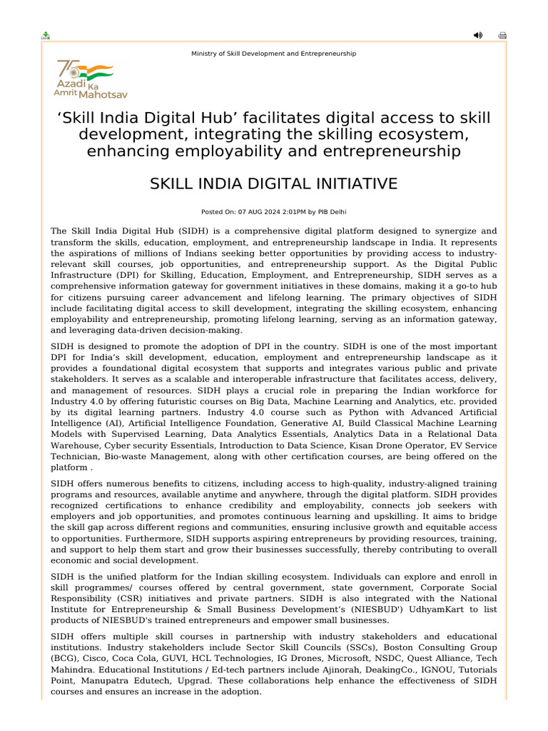 Skill India Digital Hub Facilitates Digital Access To Skill Deve | PDF