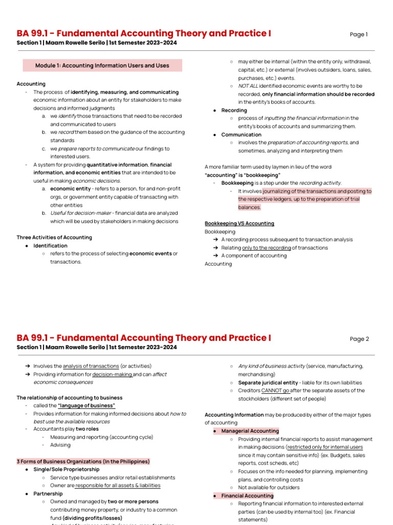 (BA 99.1) 1st Semester Notes PDF | PDF