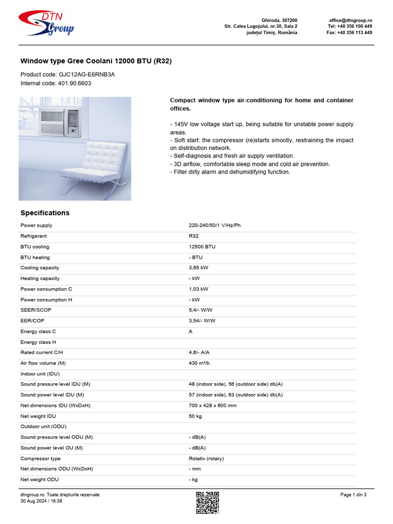 Tehnical Sheet Window Type Gree Coolani 12000 Btu (r32) - DTN Group | PDF