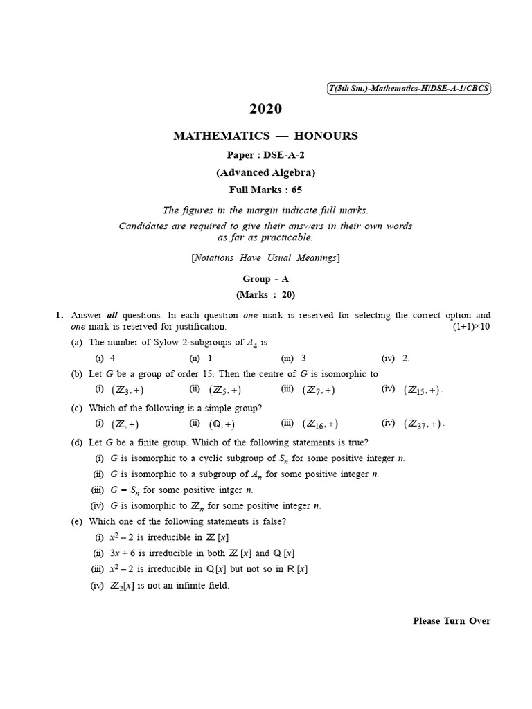 Advanced Algebra Exam Paper 2020 | PDF | Factorization | Ring (Mathematics)