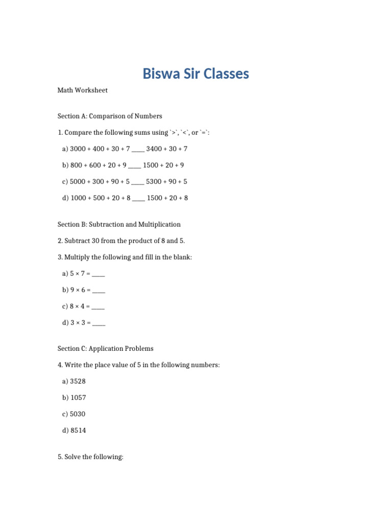 Math Worksheet Biswa Sir Classes | PDF