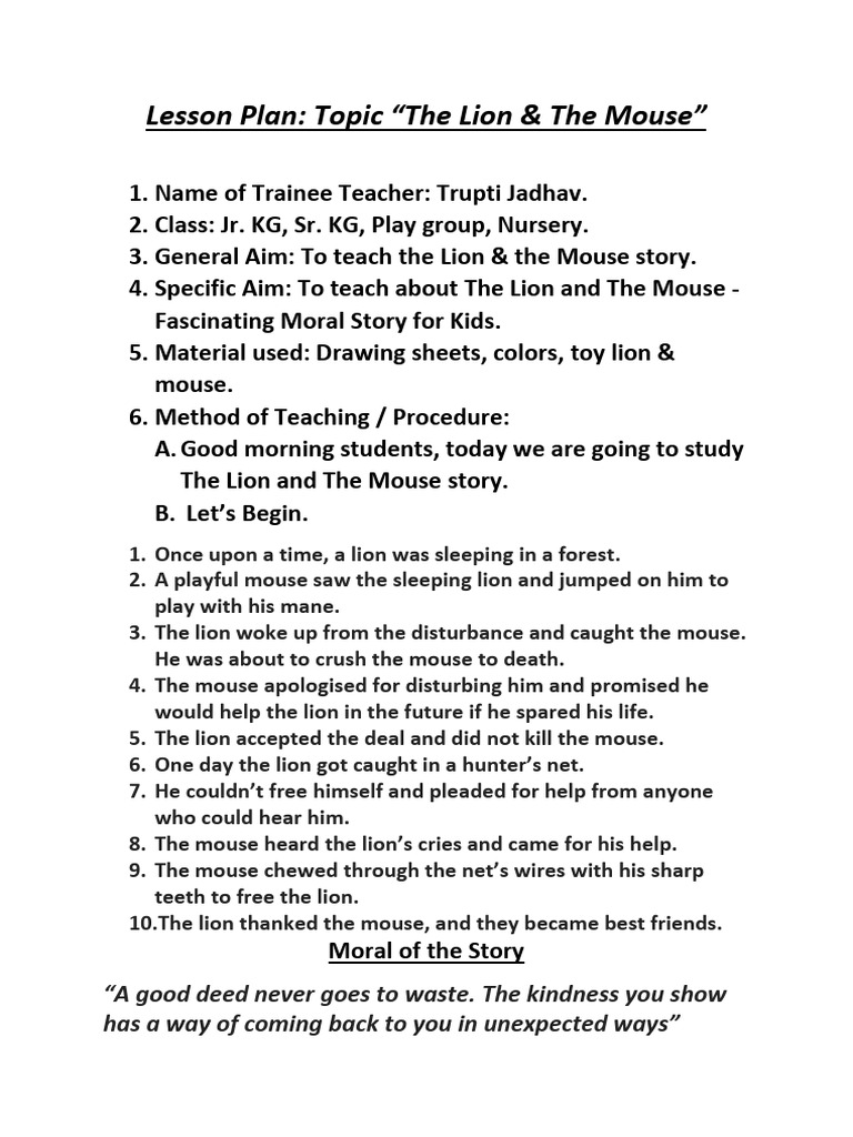Lesson Plan Lion & Mouse - 2 | PDF