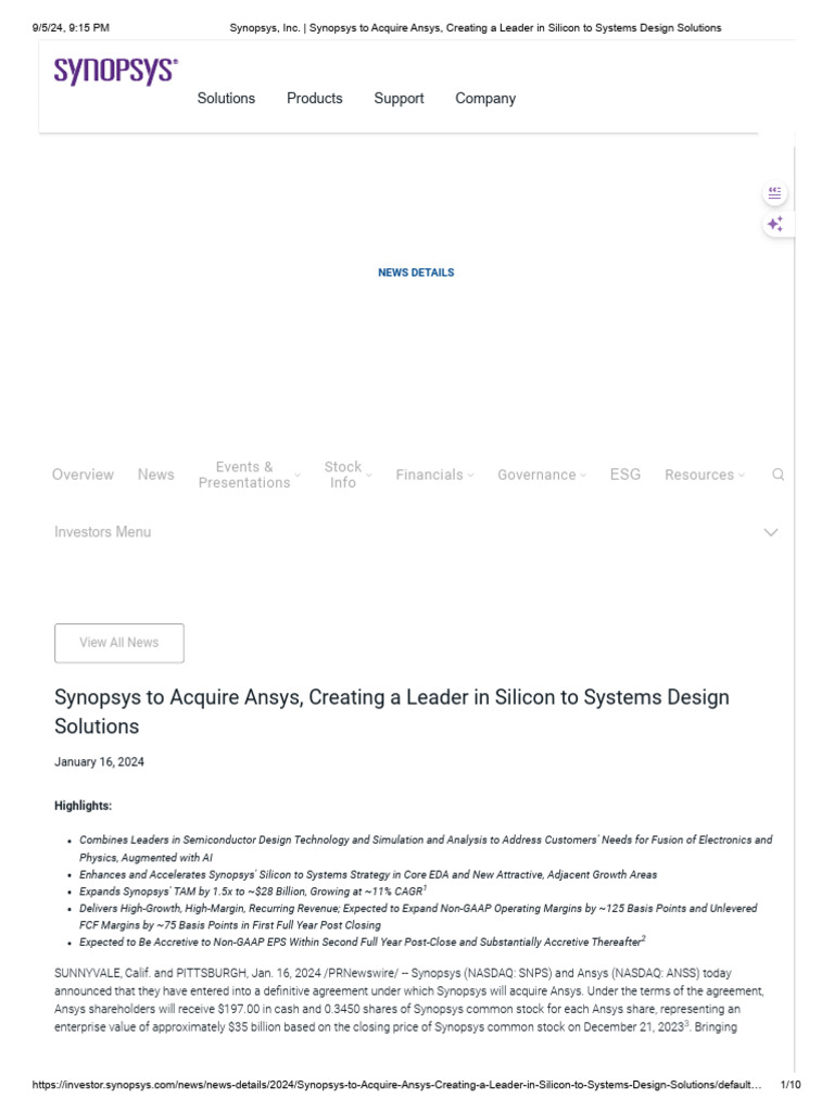 Synopsys To Acquire Ansys | PDF