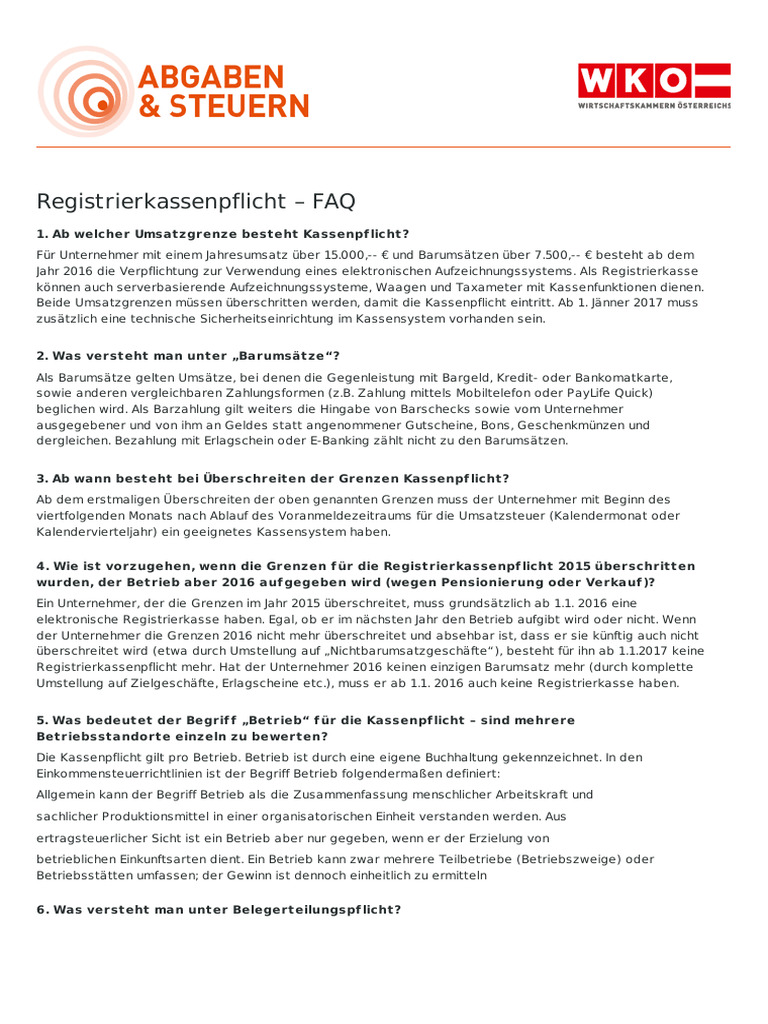 Registrierkassenpflicht – FAQ | PDF